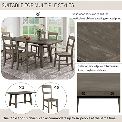 Retro Style Kitchen Dining Room Set, 7-Piece Dining Table Set Extendable Kitchen Table Set with 18β Leaf Rectangular Table with 6 Wood Chairs, Dining Room Set for 6 People, for Dining Room, Kitchen