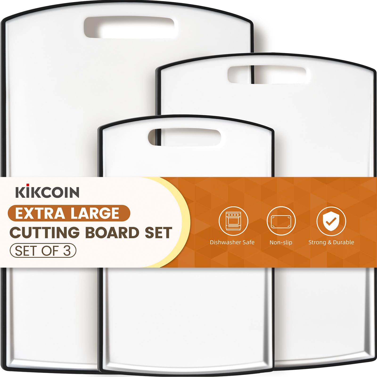 Cutting Boards for Kitchen, Extra Large Plastic Cutting Board Dishwasher Chopping Board Set of 3 with Juice Grooves, Easy Grip Handle, Black, Kikcoin
