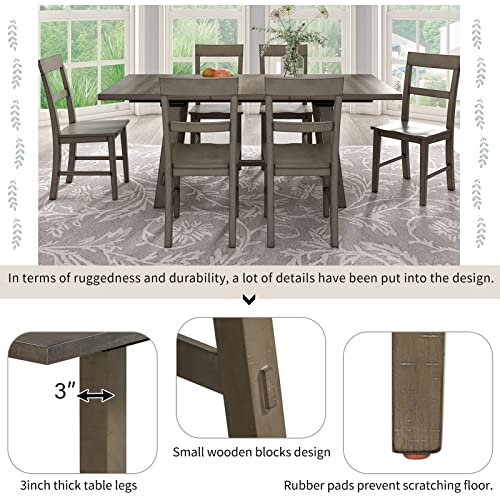 Retro Style Kitchen Dining Room Set, 7-Piece Dining Table Set Extendable Kitchen Table Set with 18β Leaf Rectangular Table with 6 Wood Chairs, Dining Room Set for 6 People, for Dining Room, Kitchen