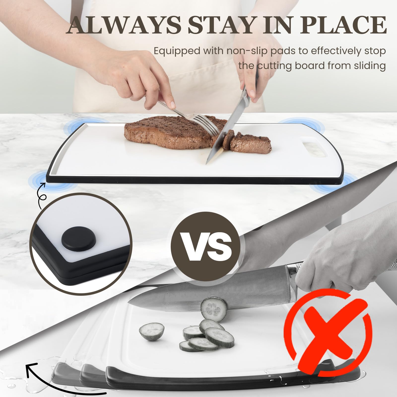 Cutting Boards for Kitchen, Extra Large Plastic Cutting Board Dishwasher Chopping Board Set of 3 with Juice Grooves, Easy Grip Handle, Black, Kikcoin