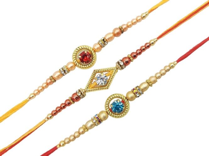 Palak Global Rakhi bracelet, Wrist Band. Fancy Rakhi three unique beautiful stones. Rakhi a best gift celebration with your Brother, Bhabhi/Sibling, Sister,beads and stone., stone