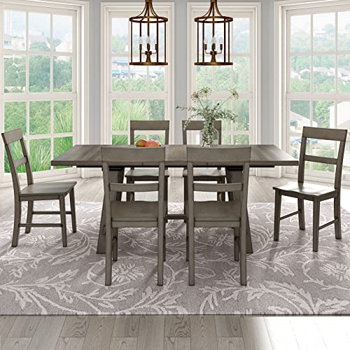 Retro Style Kitchen Dining Room Set, 7-Piece Dining Table Set Extendable Kitchen Table Set with 18β Leaf Rectangular Table with 6 Wood Chairs, Dining Room Set for 6 People, for Dining Room, Kitchen