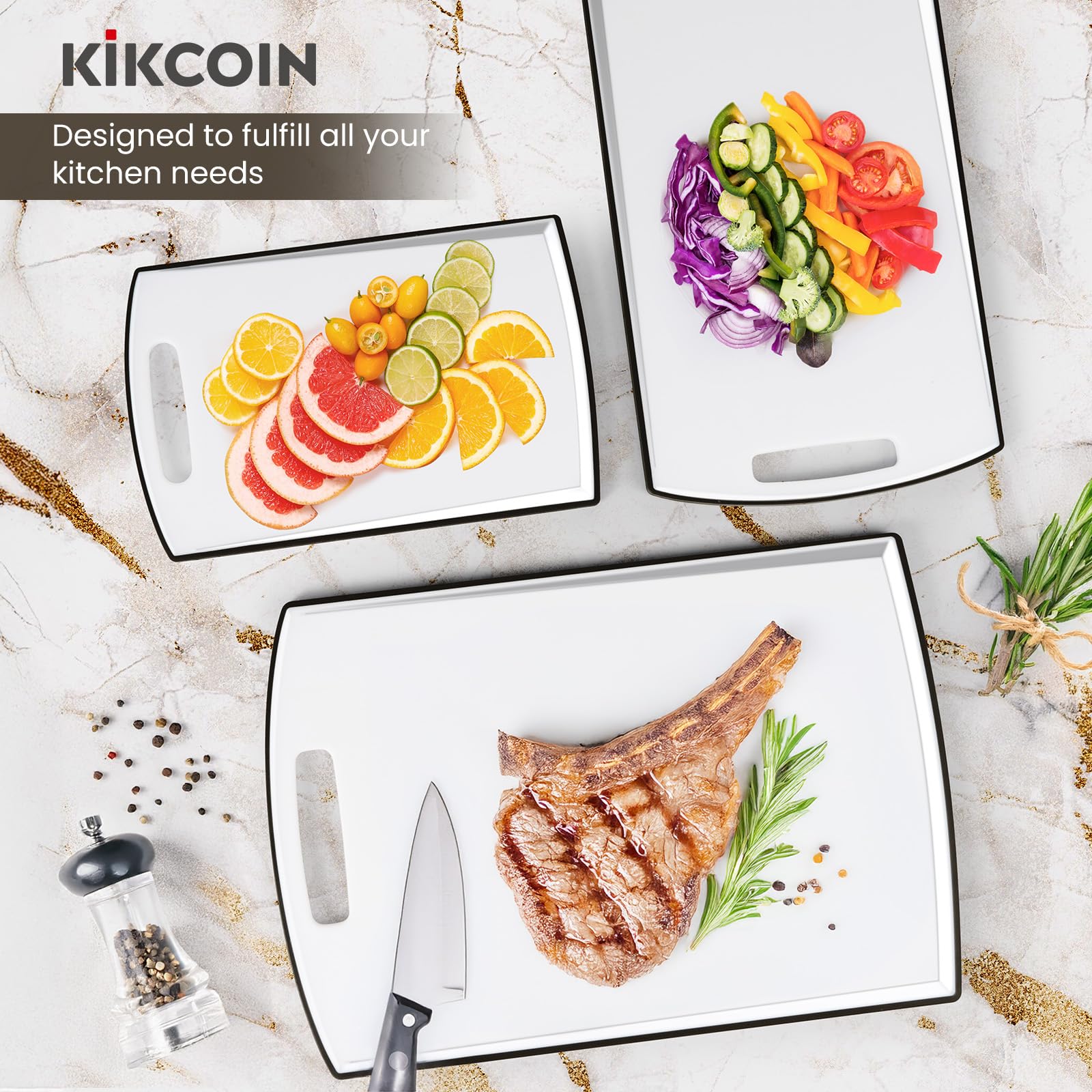 Cutting Boards for Kitchen, Extra Large Plastic Cutting Board Dishwasher Chopping Board Set of 3 with Juice Grooves, Easy Grip Handle, Black, Kikcoin