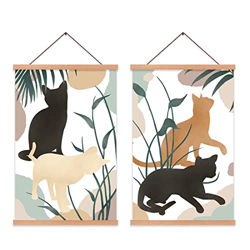 CHDITB Cat Wall Decor, Modern Colorful Boho Black Cats Wall Art, Cute Kitty Hanger Frame Poster, 28x45cm Abstract Palm Leaves Black Cat Wall Hanging Art Painting For Home Living Room Bedroom Decor