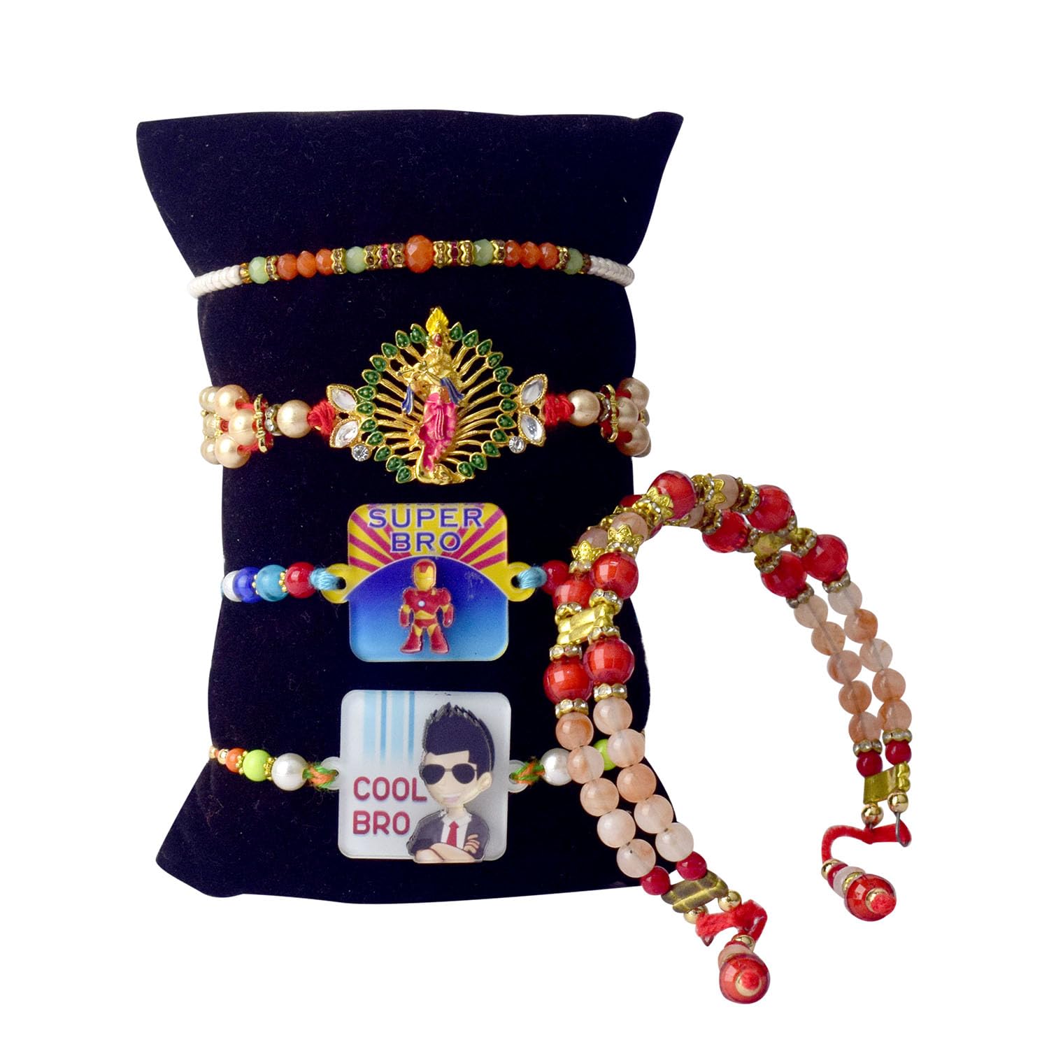 SATVIK 5 Pc Set of Designer Rakhi for Brother Bhaiya & Bhabhi Family Set with Lumba Loomba Rakhi for Bhai with Roli Chawal, Soun Sticker & Greeting Card Handmade Thread Rakhdi Gift Set, Rakhi Thread