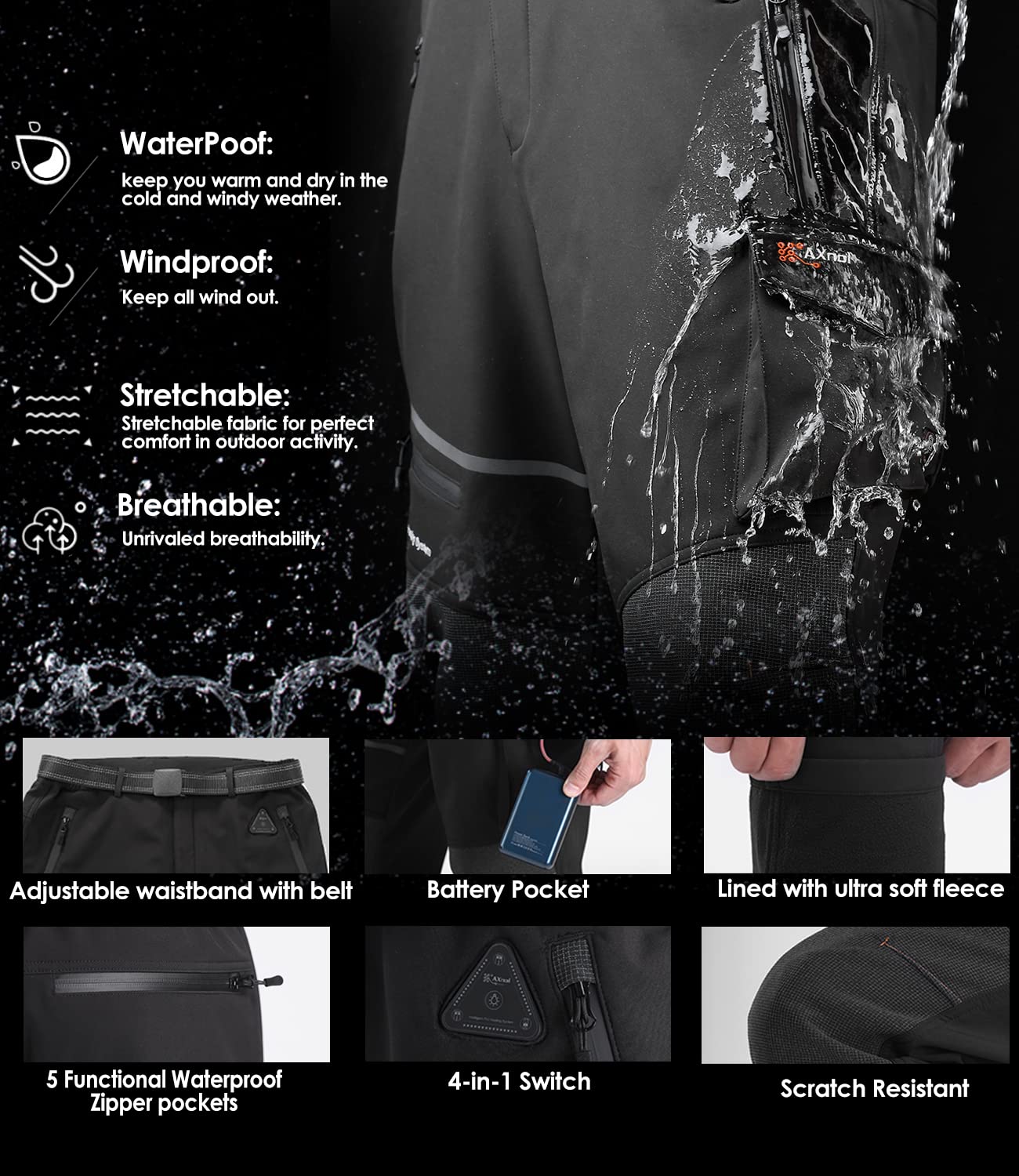 Axnol Heated Pants with 20000mAh Battery Pack Electric Heated Snow Hiking Pants Winter Softshell Outdoor Trousers (XL, Black)