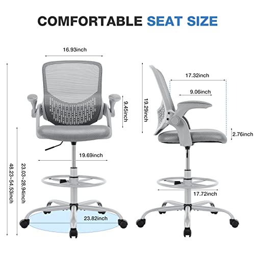 Drafting Chair - Tall Office Chair for Standing Desk Mesh Chair with Mid-Back and Height Adjustable Swivel Chair with Lumbar Support and Flip-up Armrests for Adults