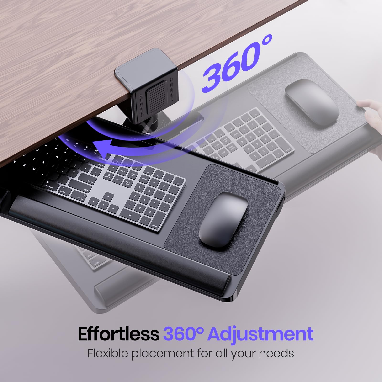 Tilt&Height Adjustable Keyboard Tray Under Desk or Above Desk - Klearlook 2 in 1 PU Leather Clamp-on Rotating Keyboard Platform w/Wrist Rest&Drawer(Under Desk,Upon Desk),25x11"Sit Stand Keyboard Riser
