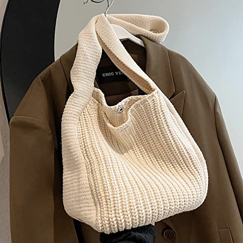 Womens Crocheted Hobo Bag Aesthetic Shoulder Knit Crochet Tote bag Knitted Accessory Boho Purse for Ladies Black
