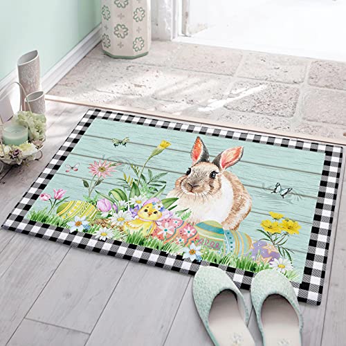 Easter Egg Bath Mat, Soft Absorbent Microfiber Plush Bathroom Rugs Mat Non Slip Doormat Floor Mat Carpet Easter Bunny Colorful Eggs Farm Chick Black Plaid 16x24
