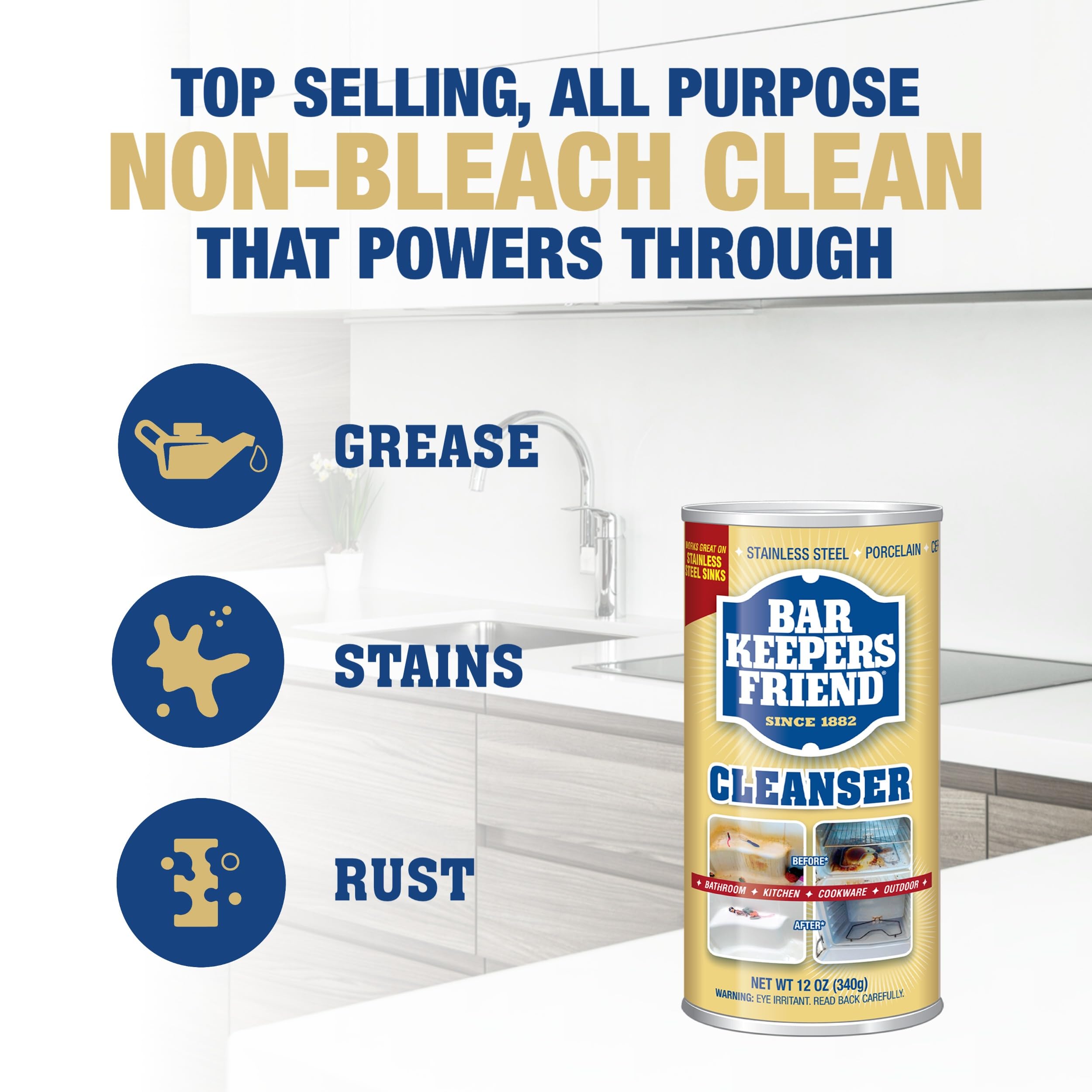 Bar Keepers Friend Powder Cleanser 12 Oz - Multipurpose Cleaner & Stain Remover - Bathroom, Kitchen & Outdoor Use - for Stainless Steel, Aluminum, Brass, Ceramic, Porcelain, Bronze and More (2 Pack)