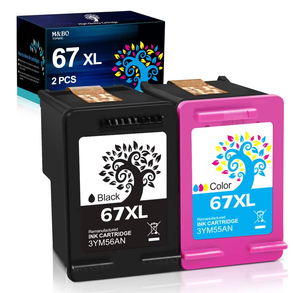 H&BO TOPMAE Remanufactured Ink Cartridge Replacement for HP 67 67XL Ink Cartridge for Envy Pro 6055 6455e 6055e 6452 6052 6075 DeskJet 2755e 2752 4152 4155e Printer(1 Black 1 Tri-Color