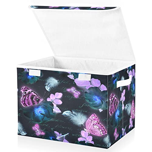 Butterfly Feather Storage Basket 16.5x12.6x11.8 In Collapsible Fabric Storage Cubes Organizer Large Storage Bin with Lids and Handles for Shelves Bedroom Closet Office