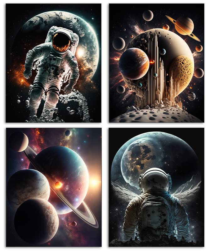 Nilem Design Outer Space Wall Art Planet Posters Set of 4 Unframed (8''x10'') Space Posters for Boys Room Decor Astronaut Poster Space Themed Wall Art Kids Space Room Decor Galaxy Poster