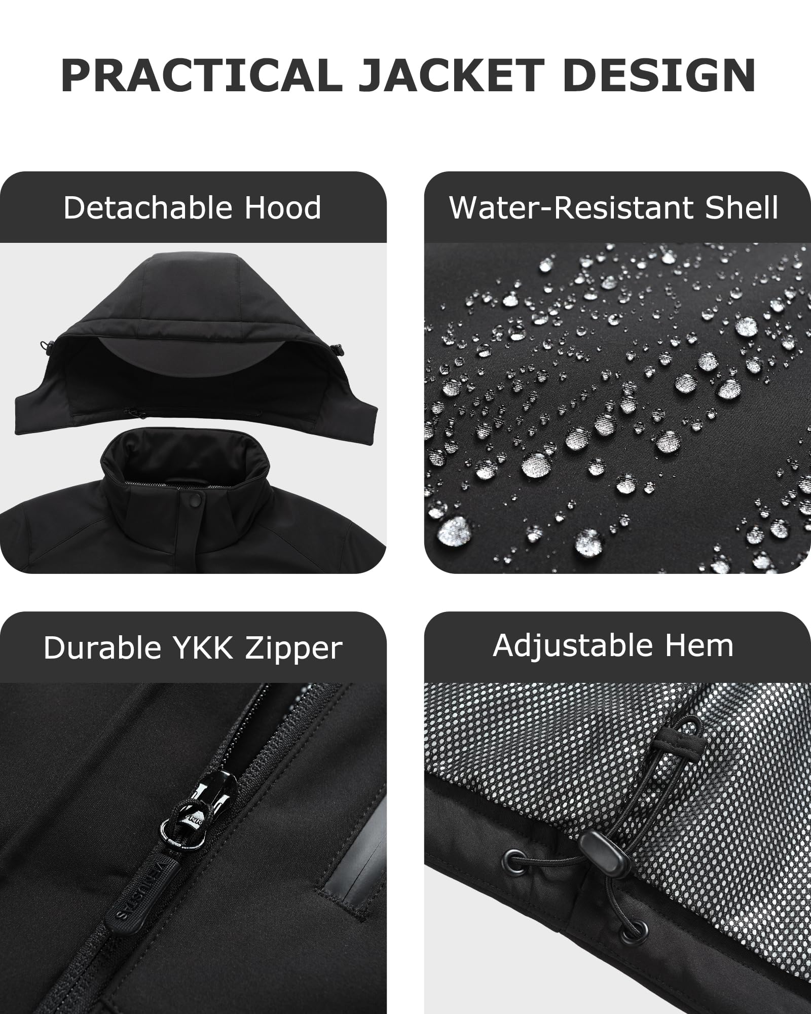 Venustas Men's Heated Jacket with Battery Pack, Windproof Electric Insulated Coat with Detachable Hood