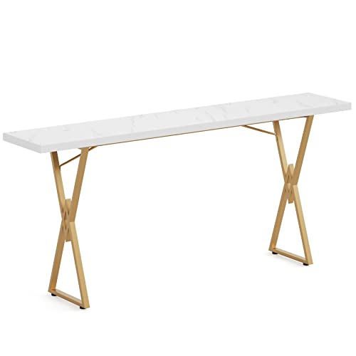 Tribesigns Console Table White Gold, 70.9" Extra Long Modern Couch Table Behind Sofa Tables Narrow Long, Wood Skinny Counter Height Tall Hallway Table for Entryway Living Room, Faux Marble