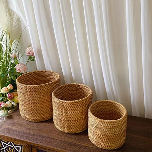 generic Rattan Storage Basket Rustic Woven Basket Desktop Garbage Bin Organizer Sundries Storage Bin for Bedroom Office Study Room - Size L, 9x9x8 Inch