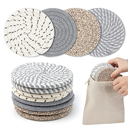 SYLLENHOD 8 Pcs Coasters for Drinks with Storage Bag, Absorbent Coasters for Tabletop Protection and Keeping Dry, Heat Resistant Woven Coaster Set for Home Decor, 4.3", 4 Colors