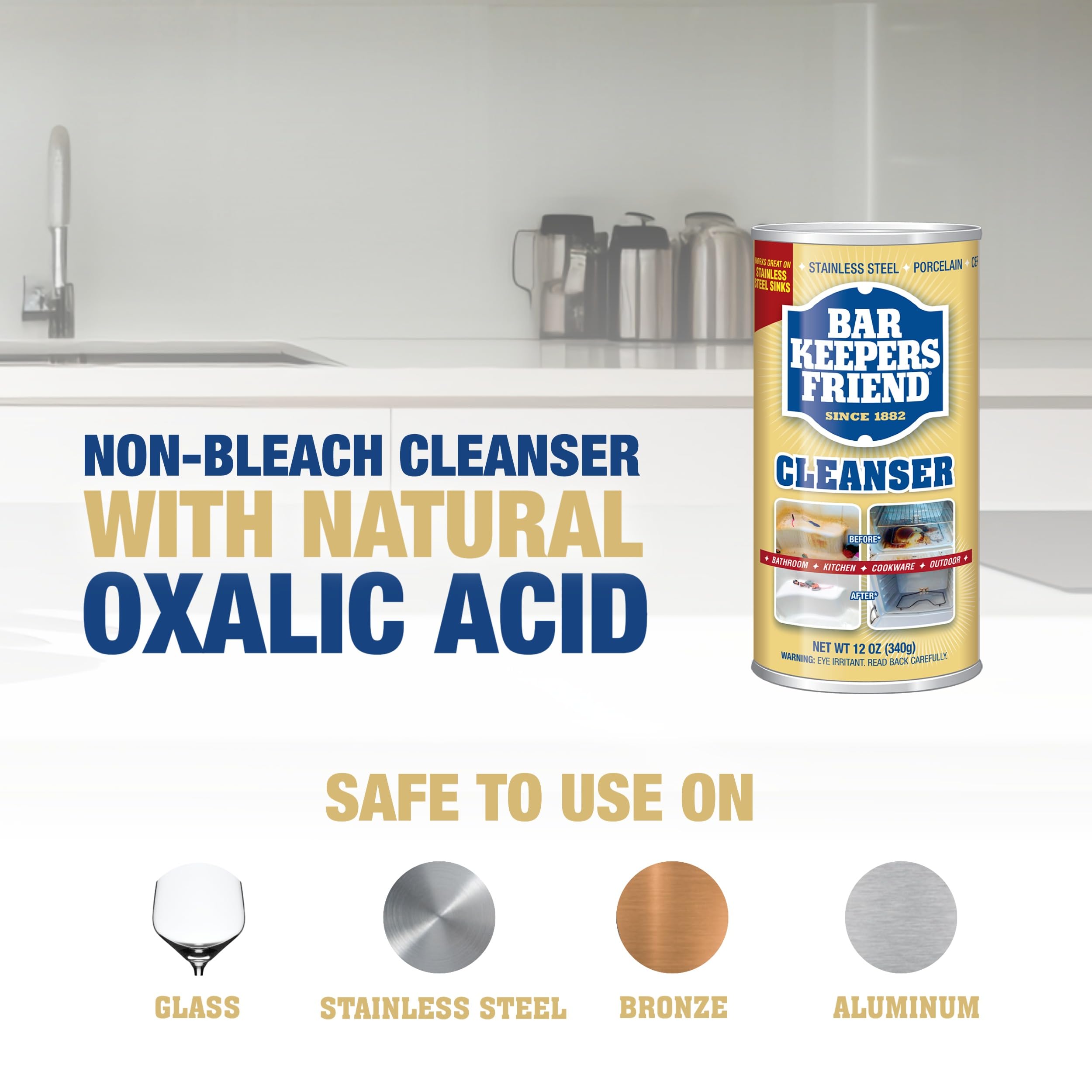 Bar Keepers Friend Powder Cleanser 12 Oz - Multipurpose Cleaner & Stain Remover - Bathroom, Kitchen & Outdoor Use - for Stainless Steel, Aluminum, Brass, Ceramic, Porcelain, Bronze and More (2 Pack)