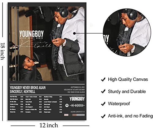 Youngboy Poster Never Broke Again Poster Sincerely Kentrell Album Cover Wall Art Canvas for Office Decor Unframed 12" x 18"