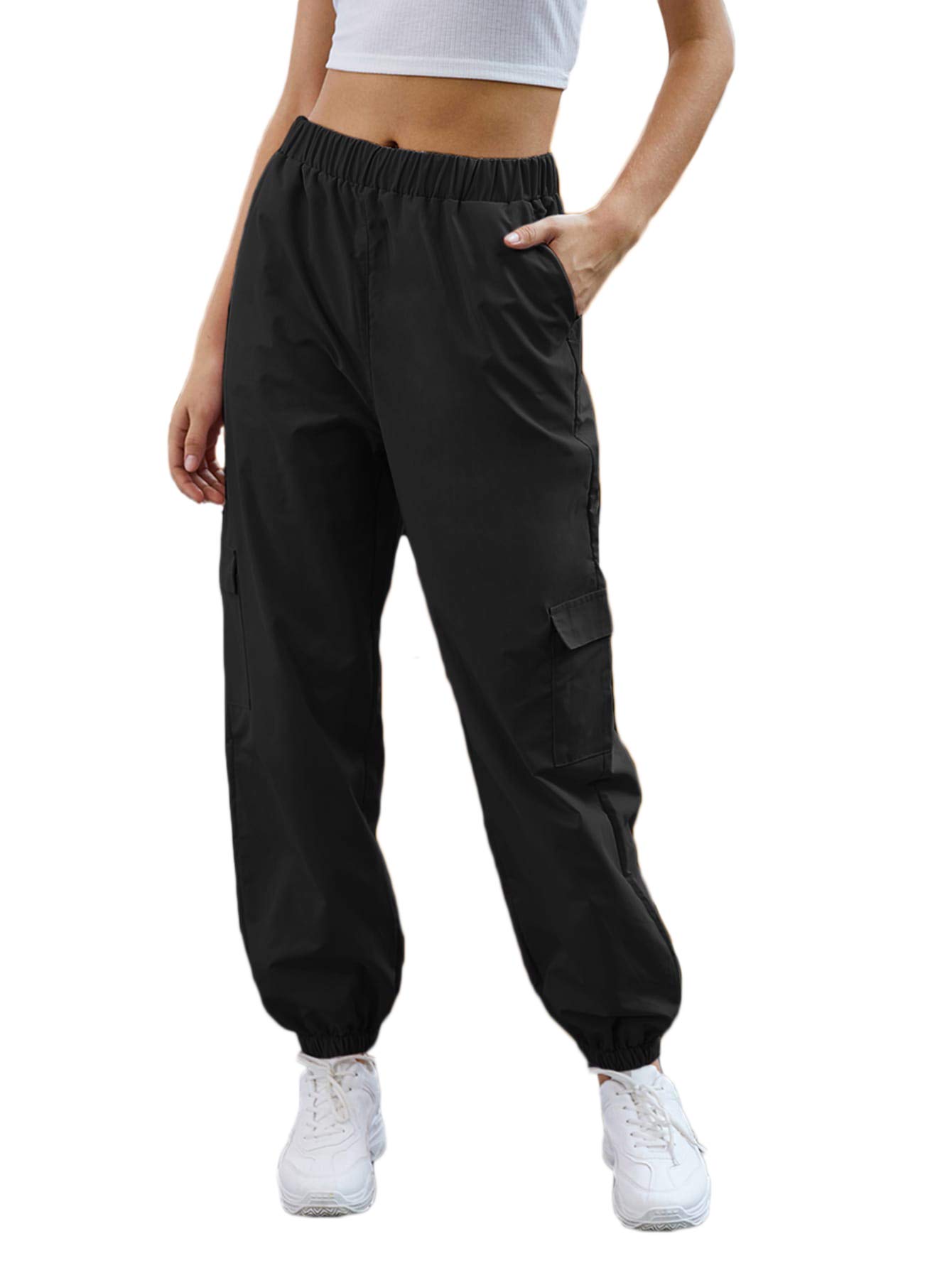SweatyRocks Women's Casual Elastic Waist Jogger Workout Cargo Pants with Pockets Pure Black XS