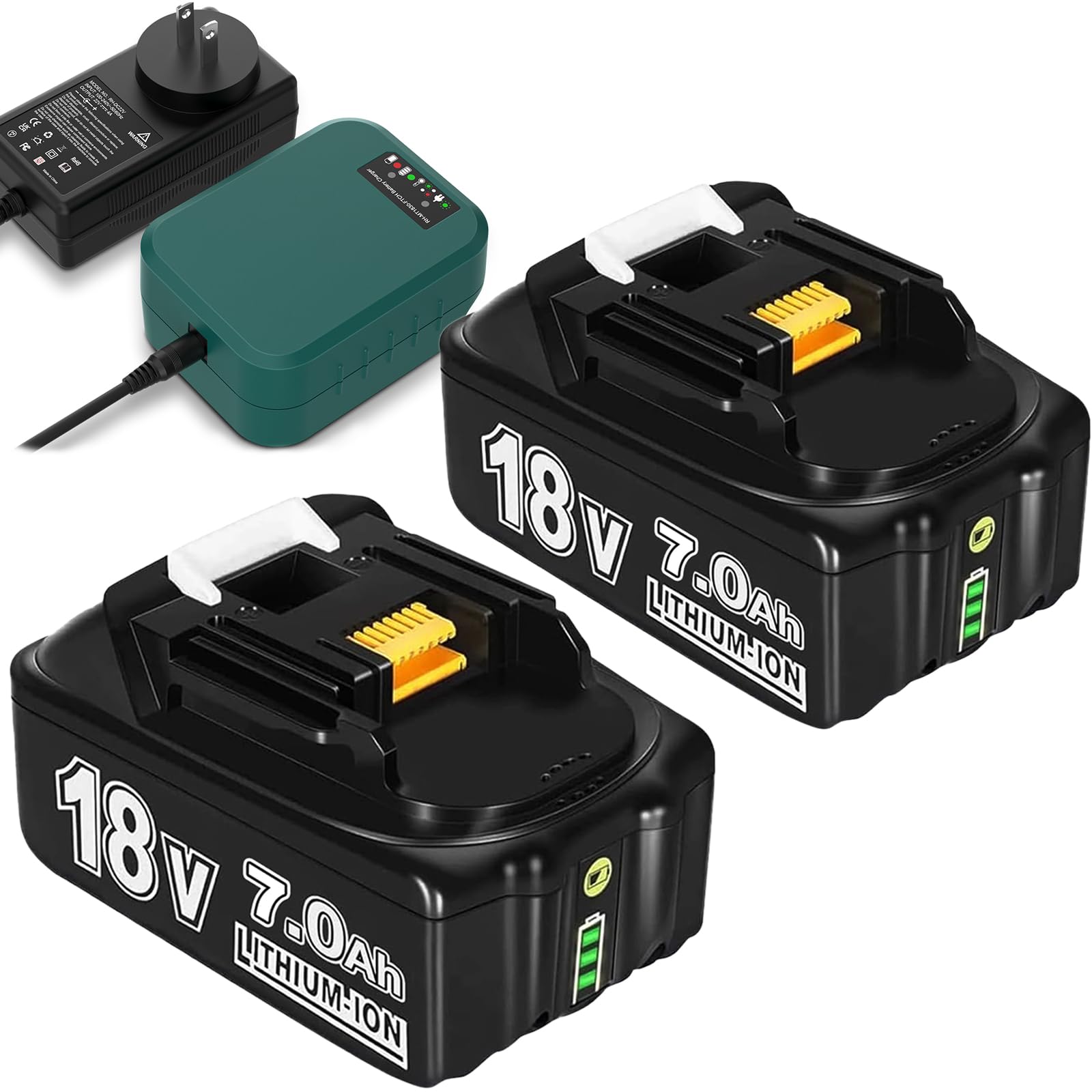 7.0Ah 2Pack BL1815 18V Battery and Charger Compatible with Makita 18V Battery and Charger Combo for Makita 18V LXT Battery and Charger for Makita BL1830 BL1820 BL1850 Lithium-ion Battery and Charger