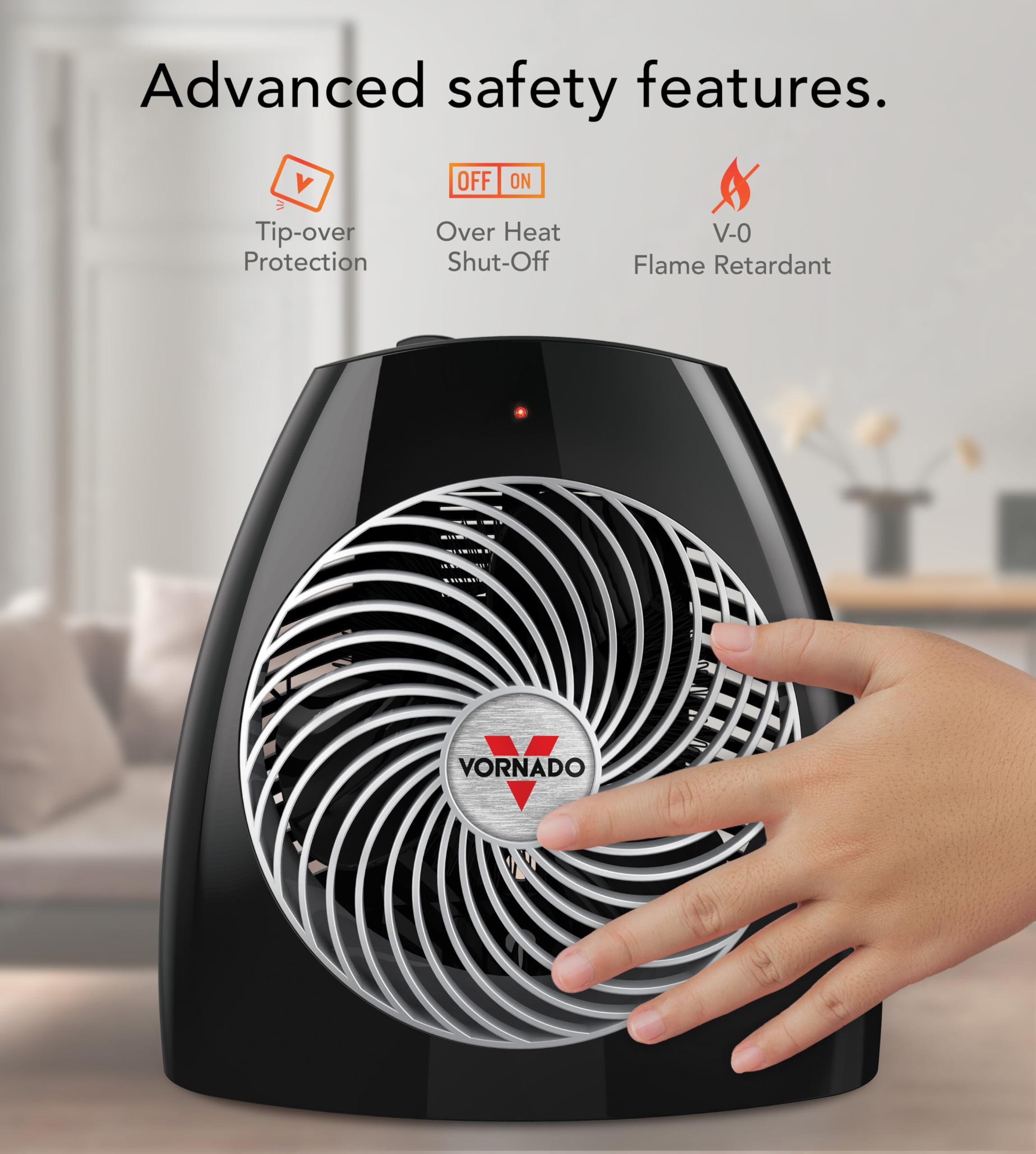 Vornado MVH Vortex Heater with 3 Heat Settings, Adjustable Thermostat, Tip-Over Protection, Auto Safety Shut-Off System, Whole Room, Black