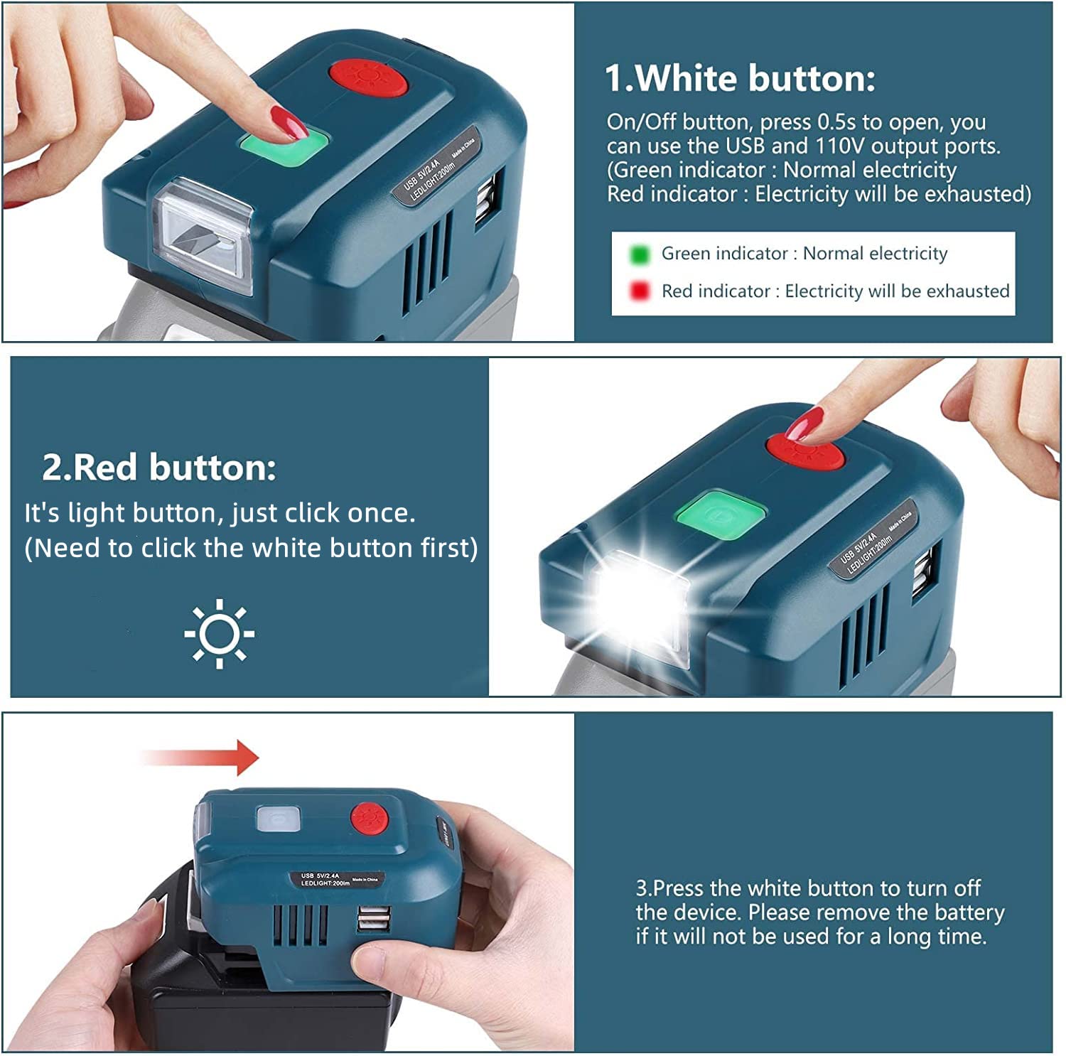 150W Power Supply Inverter for Makita 18V, TEPULAS DC 18V to AC 120V Power Source USB Phone Charger Adapter for Makita with LED Light & AC Outlet(No Battery)