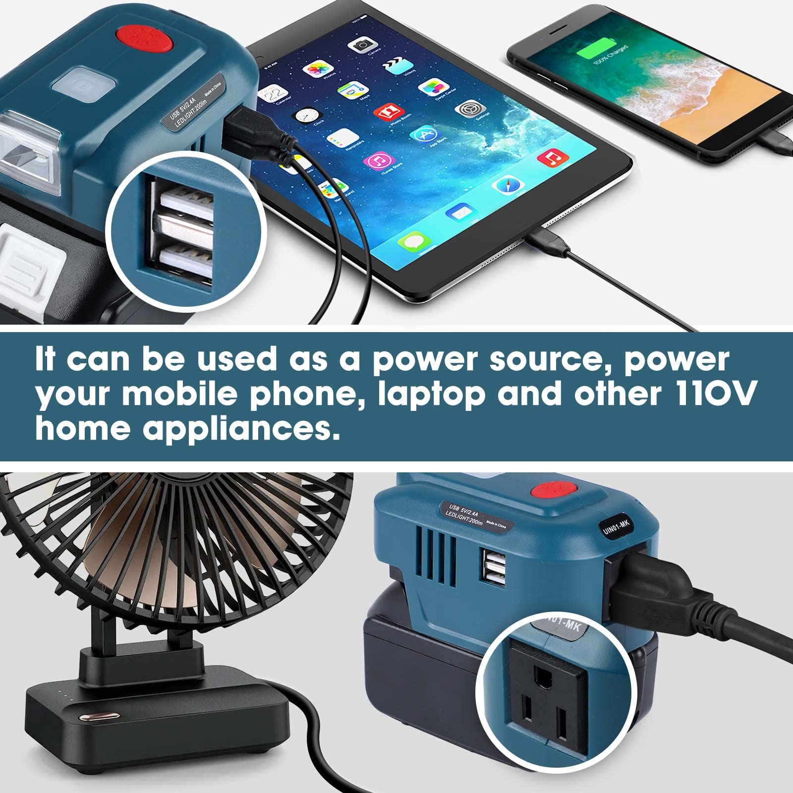 150W Power Supply Inverter for Makita 18V, TEPULAS DC 18V to AC 120V Power Source USB Phone Charger Adapter for Makita with LED Light & AC Outlet(No Battery)