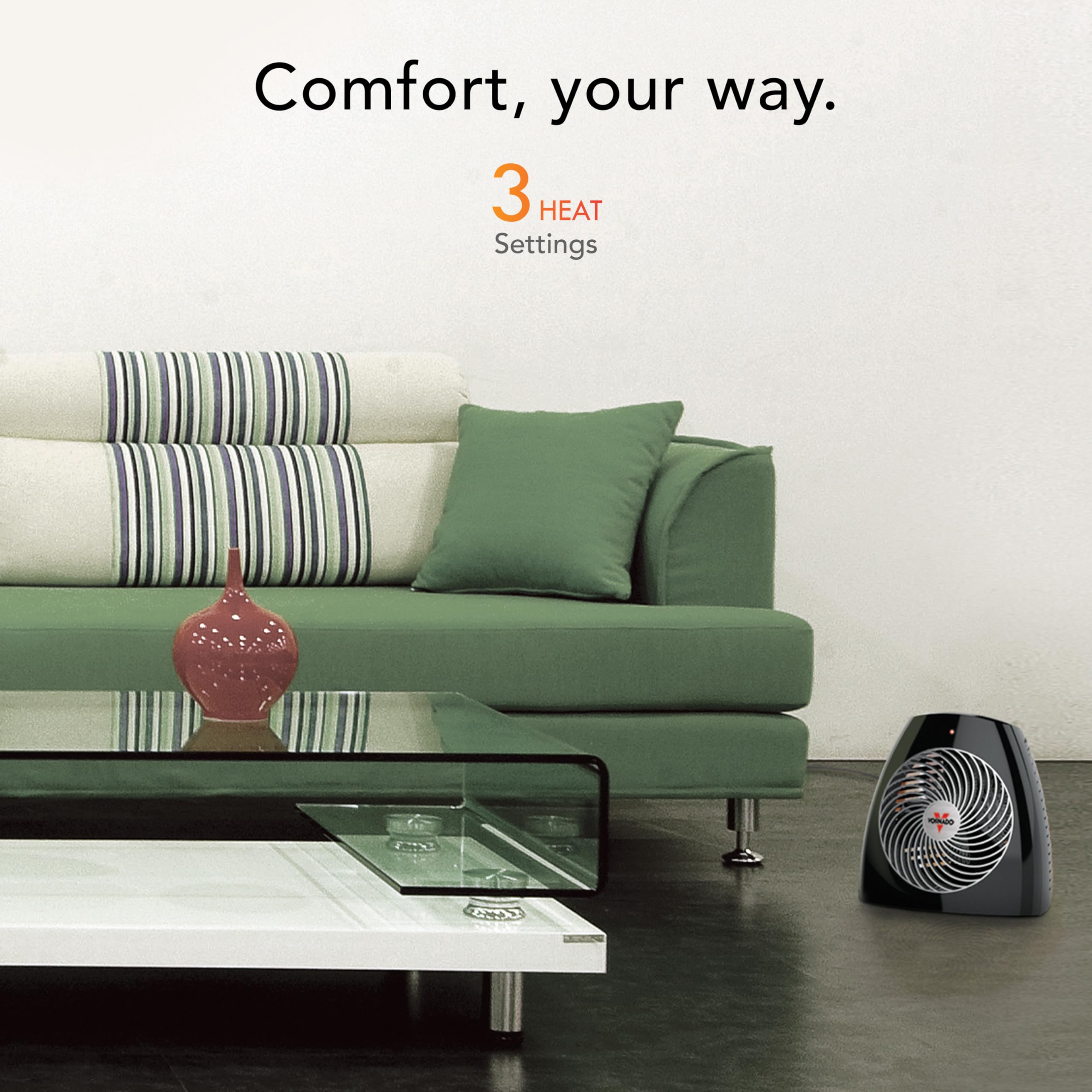 Vornado MVH Vortex Heater with 3 Heat Settings, Adjustable Thermostat, Tip-Over Protection, Auto Safety Shut-Off System, Whole Room, Black