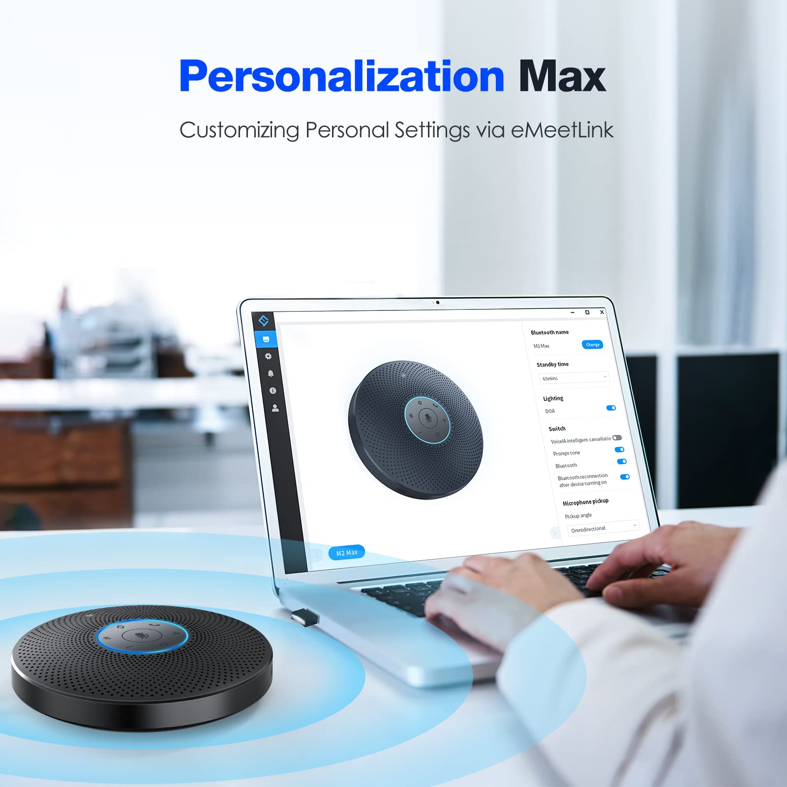 Bluetooth Speakerphone - EMEET M2 Max 48kHz Professional 4 HD Mics Conference Speaker up to 15 People, VOICEIA Noise Reduction & Enhanced 360° Voice Pickup, USB Dongle Daisy Chain For Home Office Gray