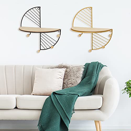 Mersuii Floating Shelves Wall Mounted Half Round Metal Shelf, Wood and Metal Decorative Shelving for Bathroom Living Room Kitchen Bedroom