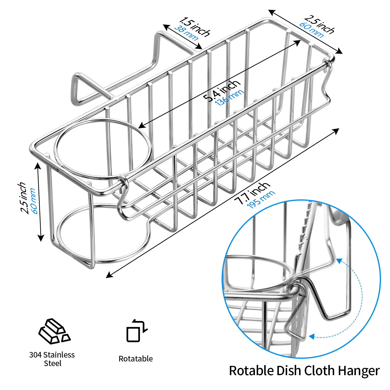 3-in-1 Sponge Holder for Kitchen Sink, Movable Sponge Holder + Brush Holder + Dish Cloth Hanger, Hanging Sink Caddy, Small in Sink Organizer Accessories Rack Basket, 304 Stainless Steel, Never Rust