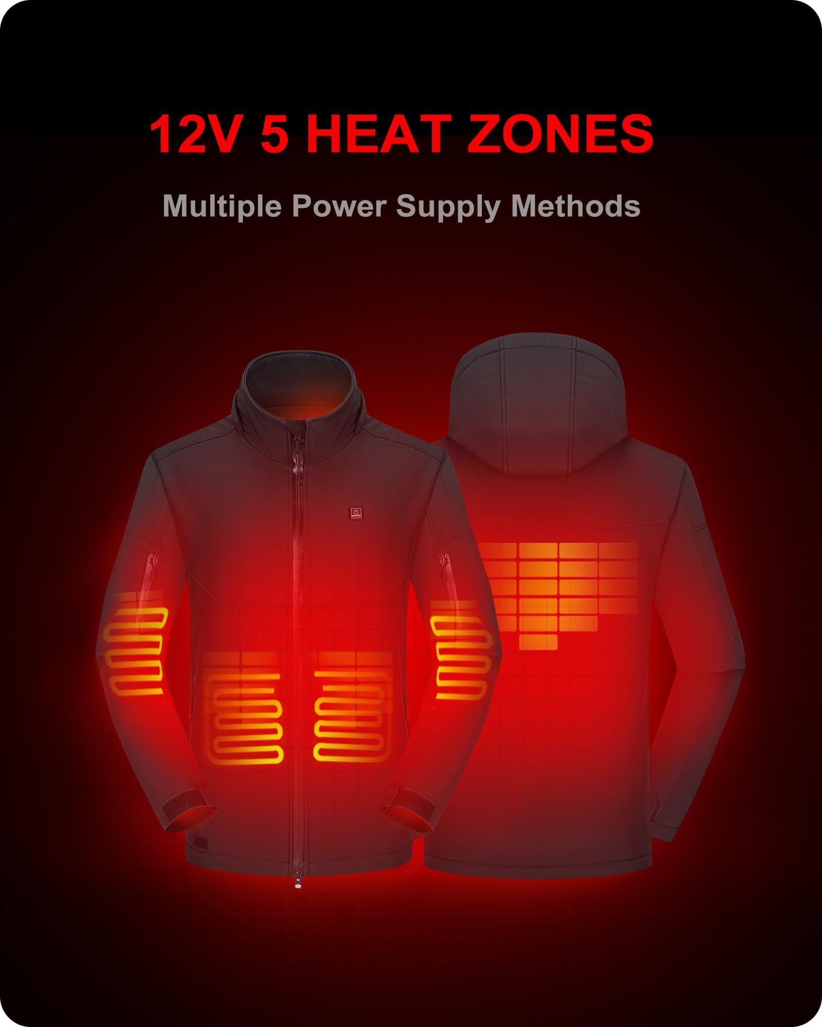 DEWBU Soft Shell Heated Jacket for Men with 12V Battery Pack and Detachable Hood Outdoor Electric Heating Coat, Black, M