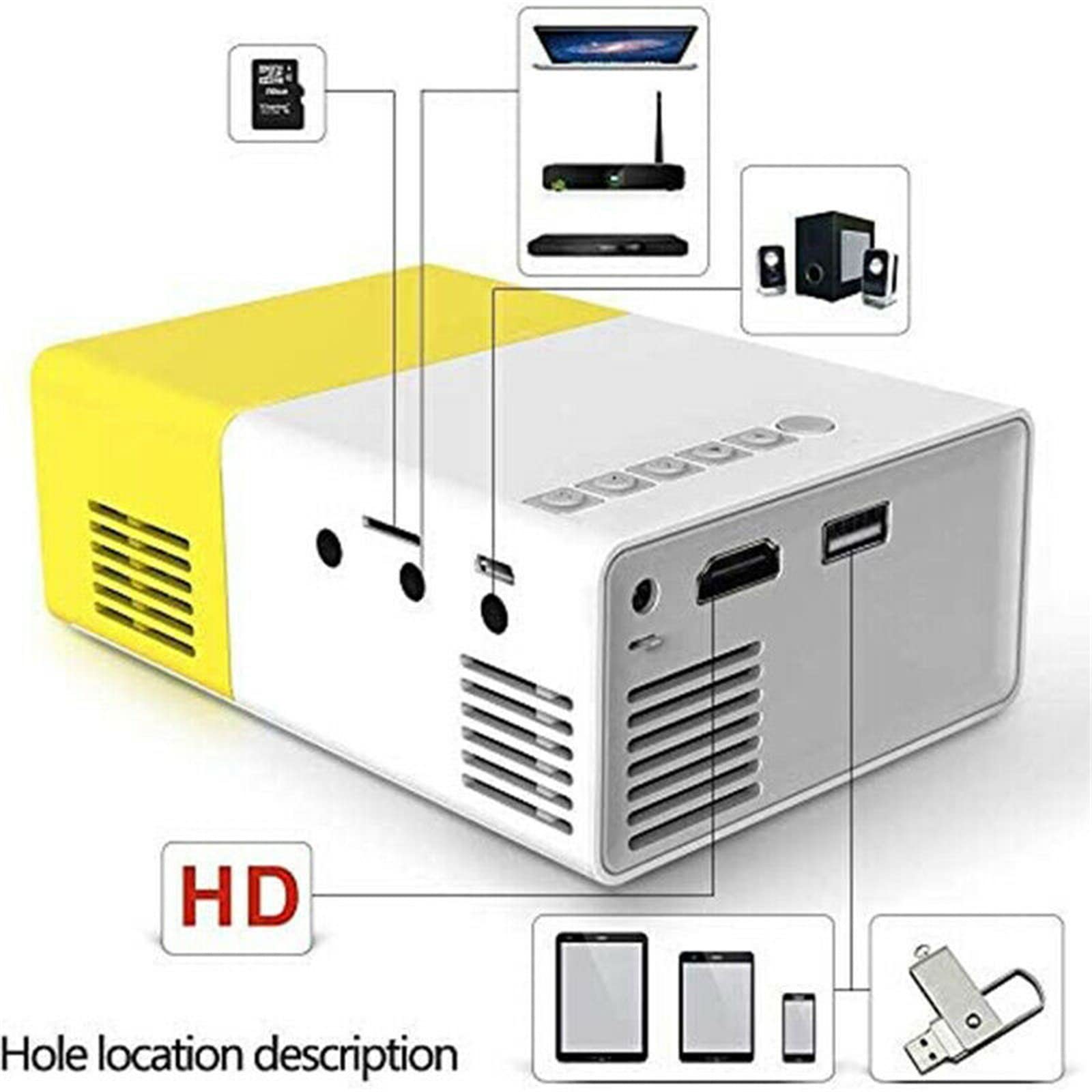 Leadmall Mini Projector, 1080P Home Cinema USB HDMI AV SD Mini Portable HD LED Projector, Ideal for Home Entertainment in Dark. (Yellow)