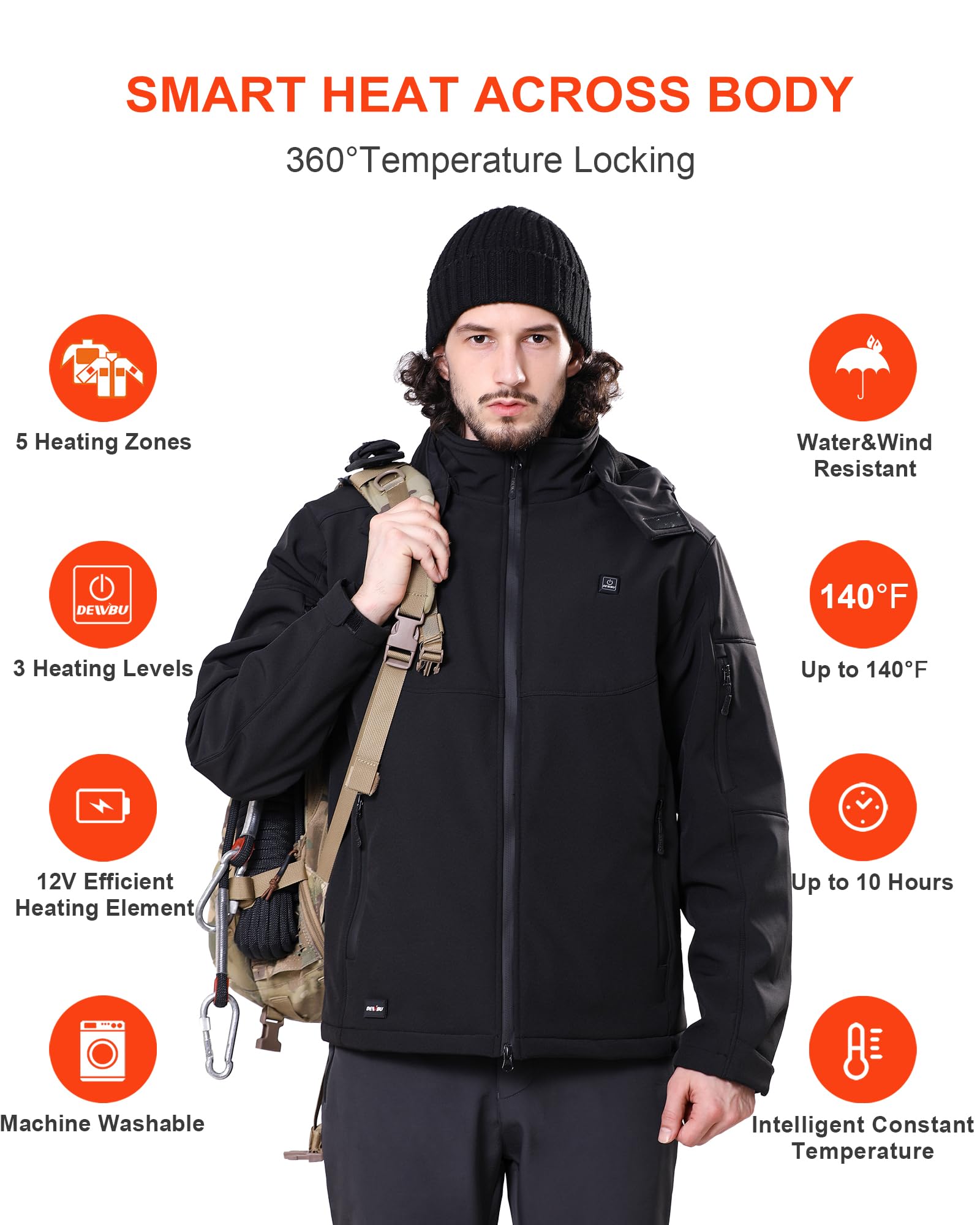 DEWBU Soft Shell Heated Jacket for Men with 12V Battery Pack and Detachable Hood Outdoor Electric Heating Coat, Black, M