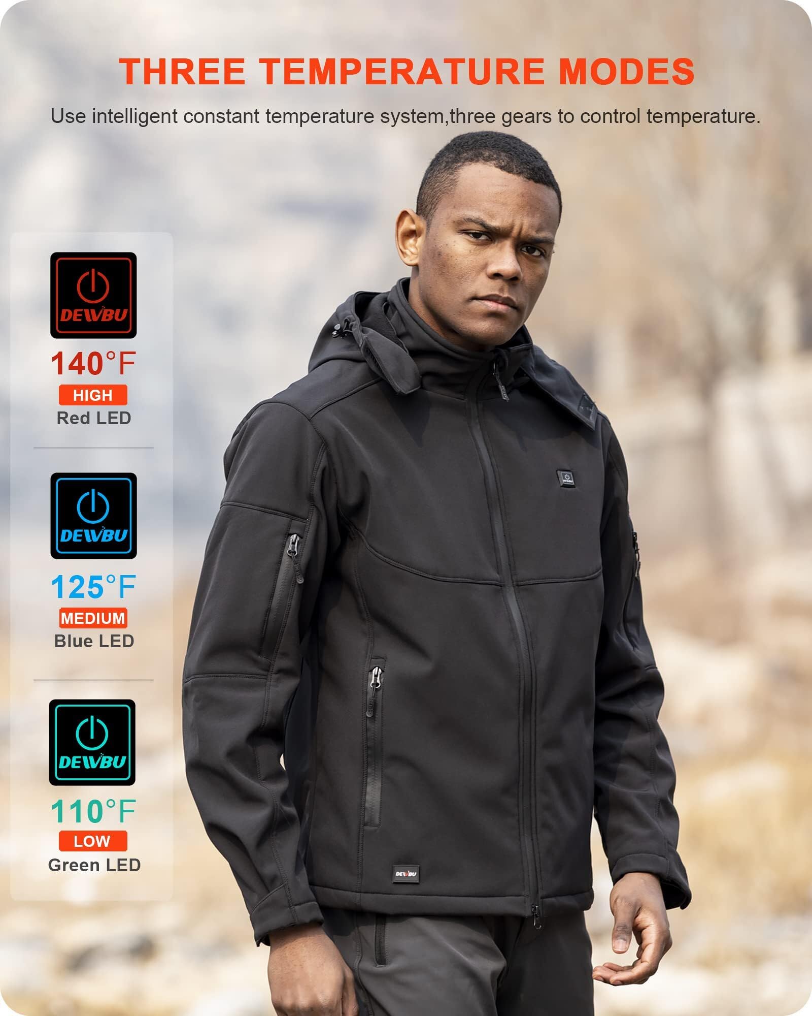 DEWBU Soft Shell Heated Jacket for Men with 12V Battery Pack and Detachable Hood Outdoor Electric Heating Coat, Black, M