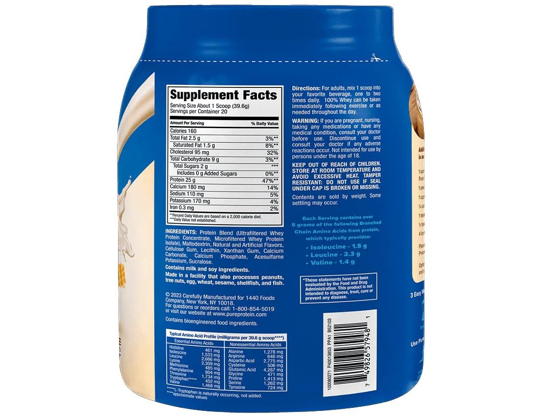 Pure Protein Powder, Natural Whey, High Protein, Vanilla, 1.6 lbs
