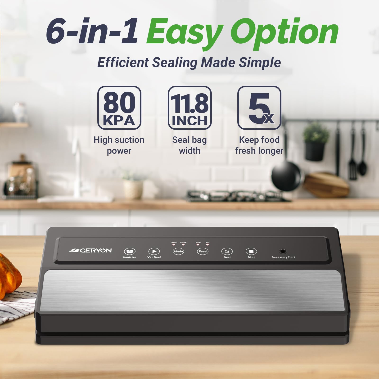 GERYON Vacuum Sealer Machine, Automatic Food Sealer Detachable Design|Led Indicator Lights|Dry Moist Food Modes| Compact Design w/ Starter Kit(Silver)