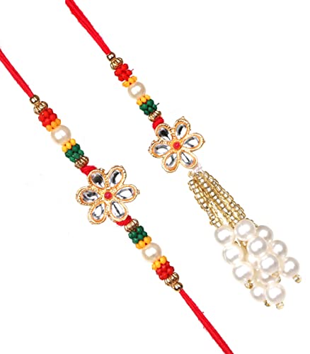 spelerio Bhaiya and Bhabhi Rakhi for Brother Rakshabandhan Thread Lumba Rakhi Floral with Pearl - Designer Lumba (Designer Lumba 4, Standard)