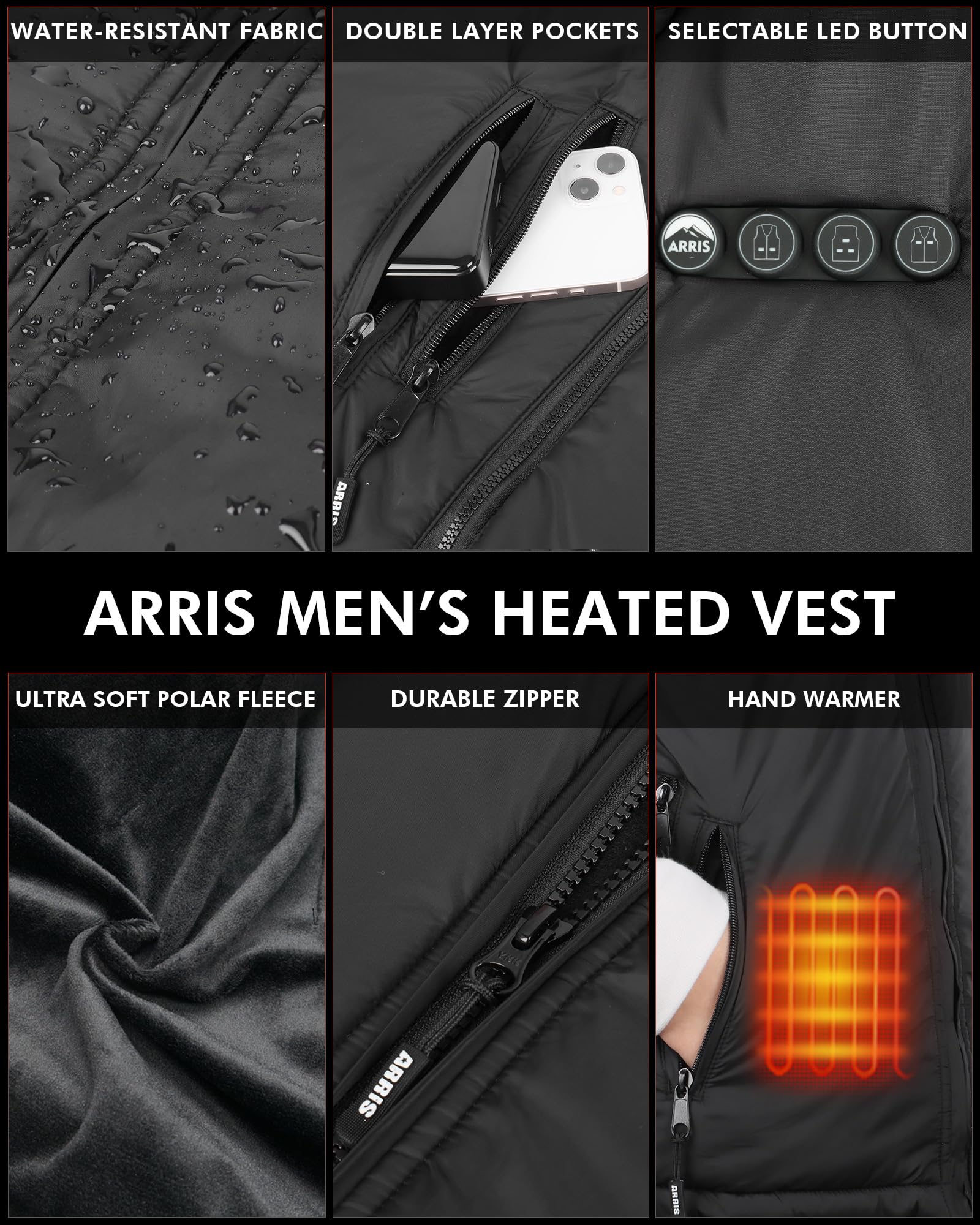 ARRIS Heated Vest for Men, 7.4V Electric Size Adjustable Heating Vest for Hunting, Camping