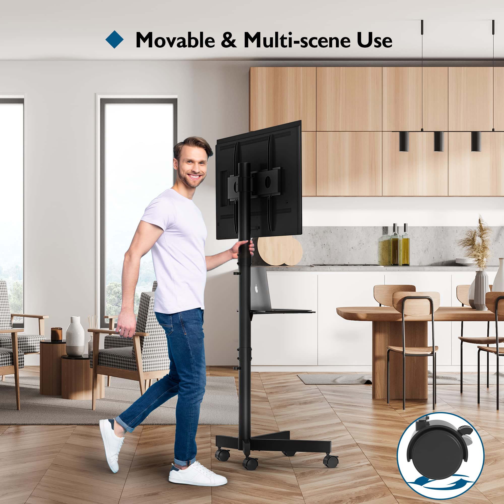 Mobile TV Cart for 23-60 Inch LED LCD Flat Curved Panel Screens TVs, Rolling TV Stand with Wheels Holds Up to 55lbs, Height Adjustable Portable Floor Stand with Media Shelf Tray, Max VESA 400x400mm