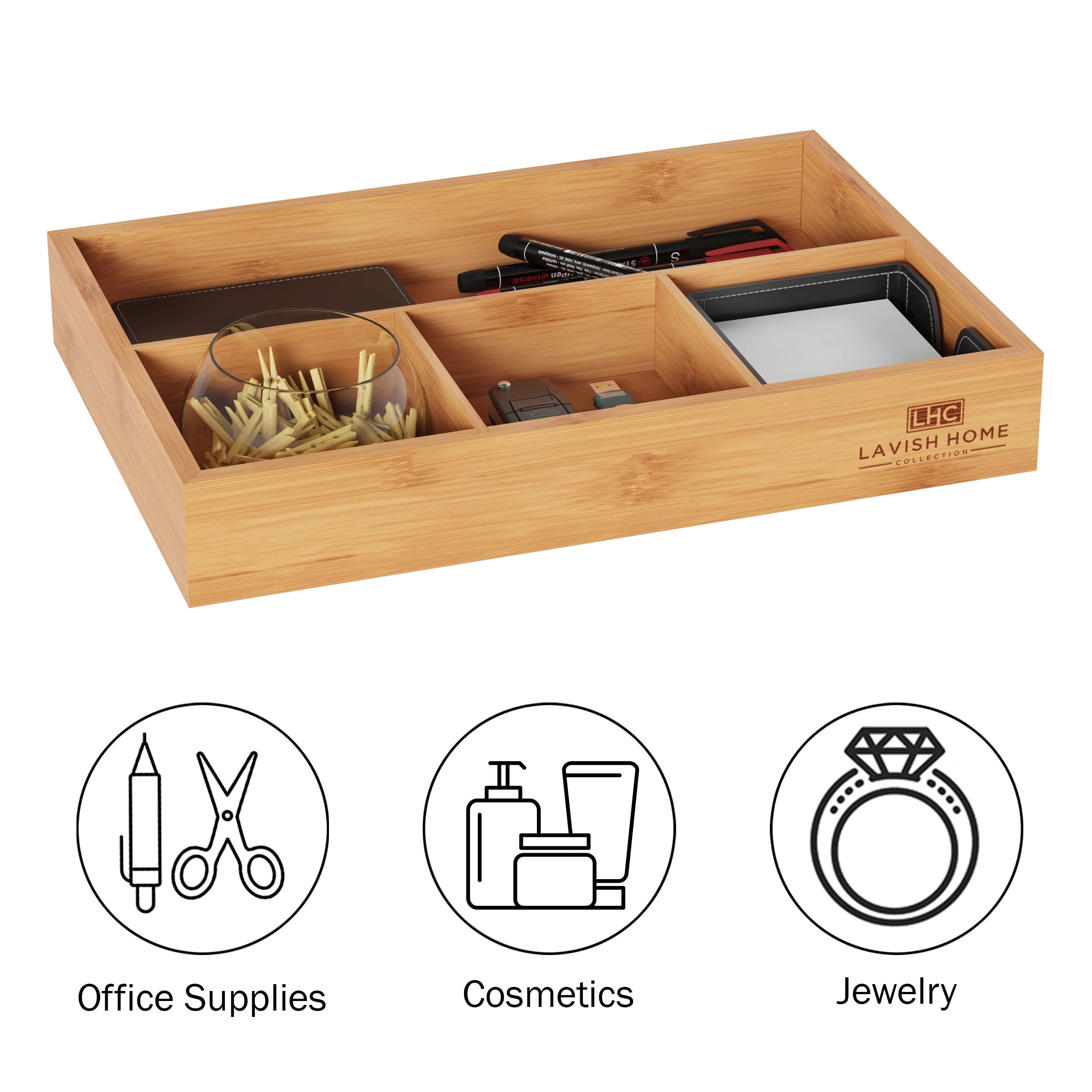 Lavish Home Bamboo Drawer Organizer Set – 2-Pack Natural Wooden Trays – Storage Organization for Kitchen, Office, Bedroom, and Bathroom