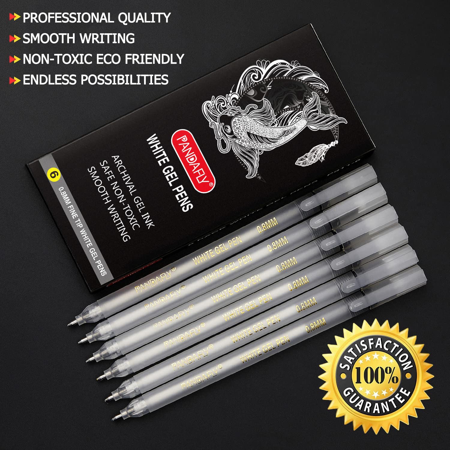 PANDAFLY White Gel Pens Set, 6 Pack, 0.8mm Fine Point Pens Gel Ink Pens For Artists, Archival Ink Pens, White highlight Pens for Black Paper Drawing, Illustration, Sketching, Writing