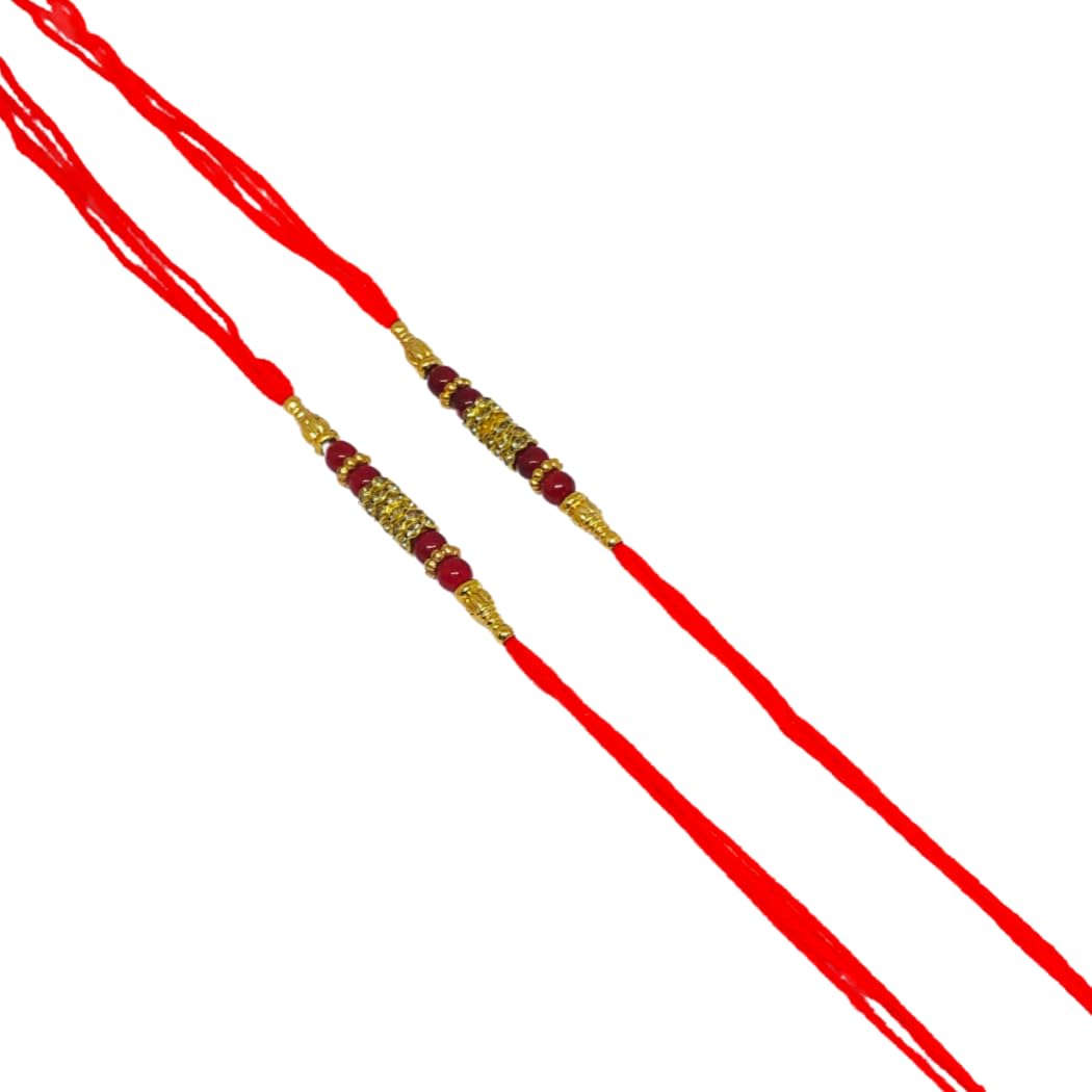 ZYRENA Rakhi for Brother Bhaiya Bhabhi, Gift Rakhi for Family, Raksha Bandhan Festival Rakhi for Bhaiya and Bhabhi, Stone Rings with Red Beads and Golden Rings Rakhi Thread, Pack of 2