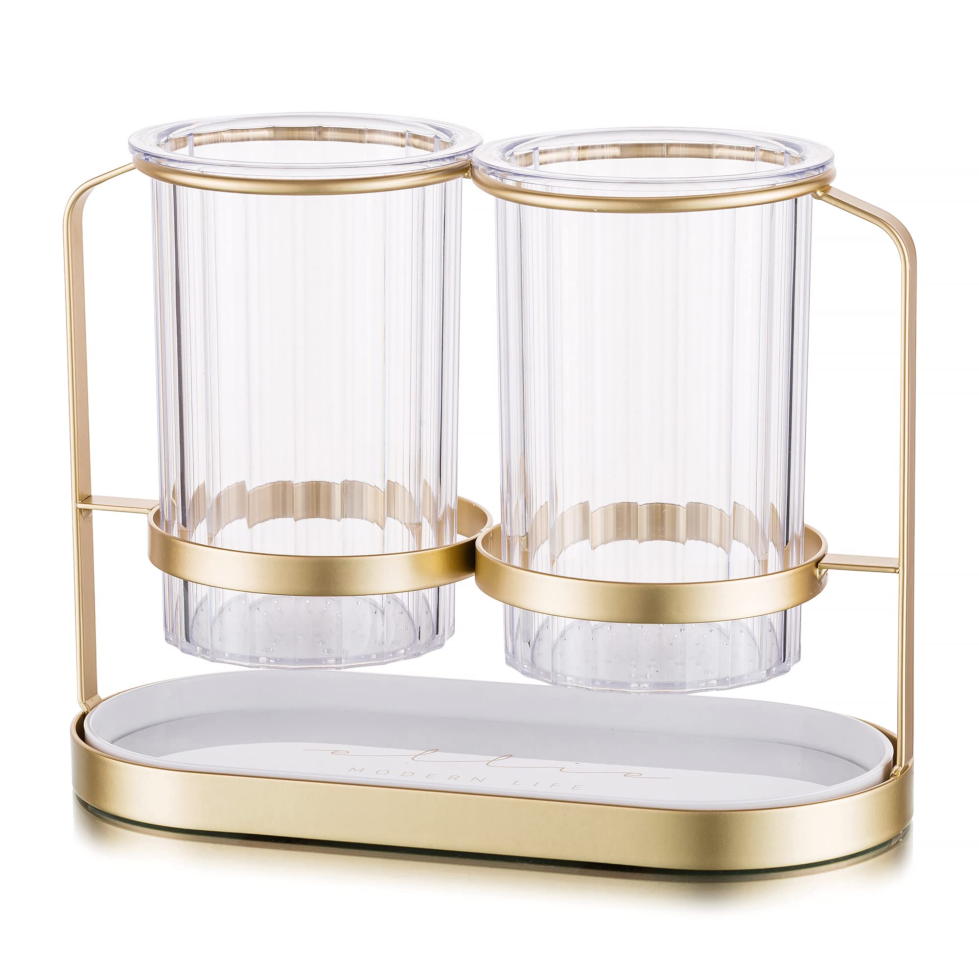 Kitchen Utensil Holder for Countertop 2 Clear White Cups with Gold Iron Frame Cooking Utensil Crock Chic Modern Cutlery Caddy Practical Utensil Pot for Counter for Fork Spoon Knife Flatware Silverware