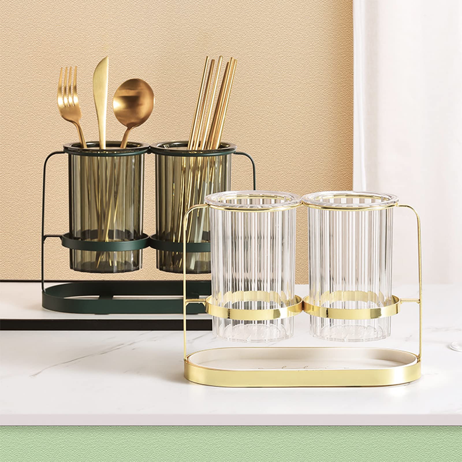 Kitchen Utensil Holder for Countertop 2 Clear White Cups with Gold Iron Frame Cooking Utensil Crock Chic Modern Cutlery Caddy Practical Utensil Pot for Counter for Fork Spoon Knife Flatware Silverware