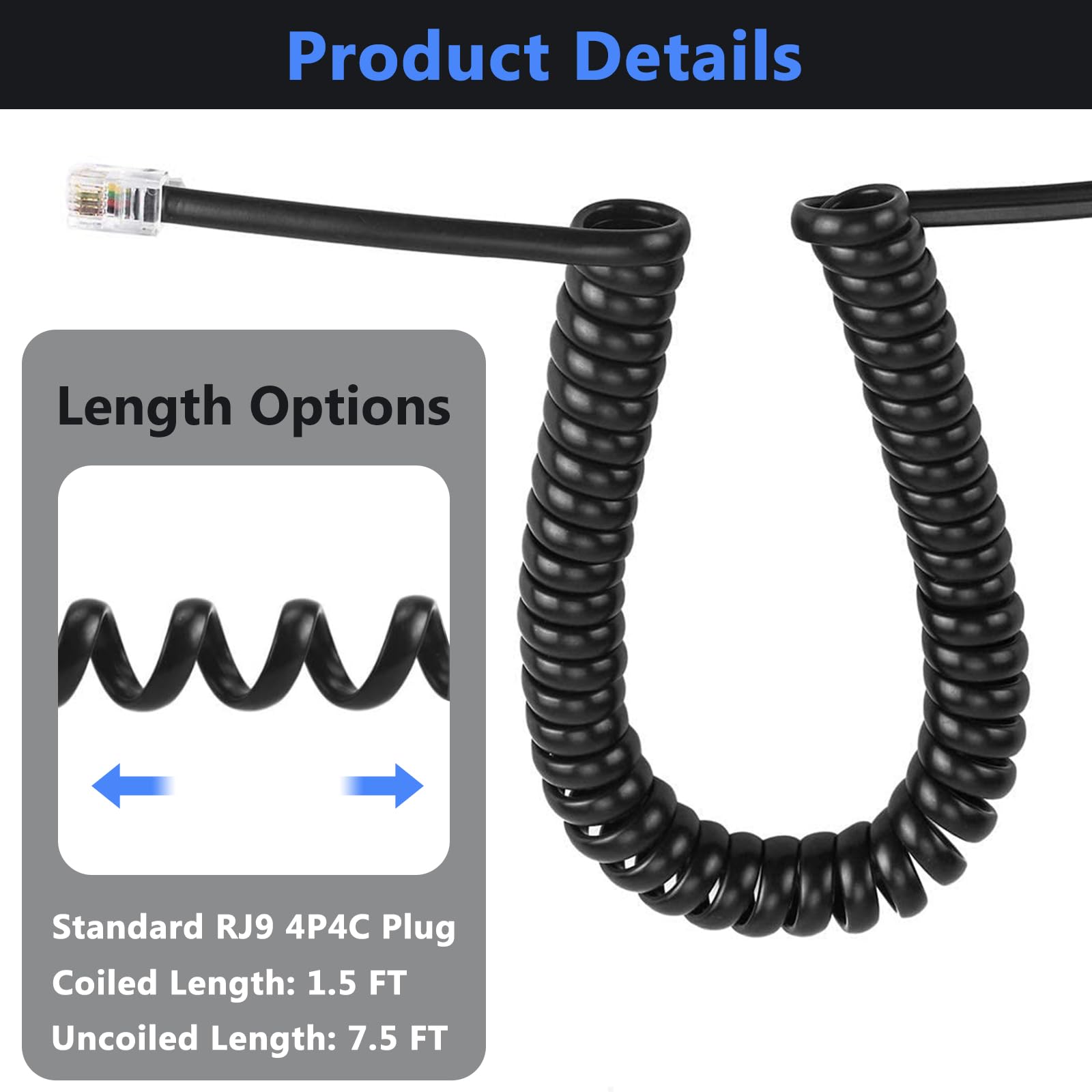 KINXIYU Telephone Handset Cord Detangler 1 Set, 1 Pack Landline Handset Cord Cable (7.5Ft Uncoiled, 1.5 Ft Coiled) and 1 Pack Anti-Tangle Telephone Cord Untangler 360 Degree Rotating Swivel Cord