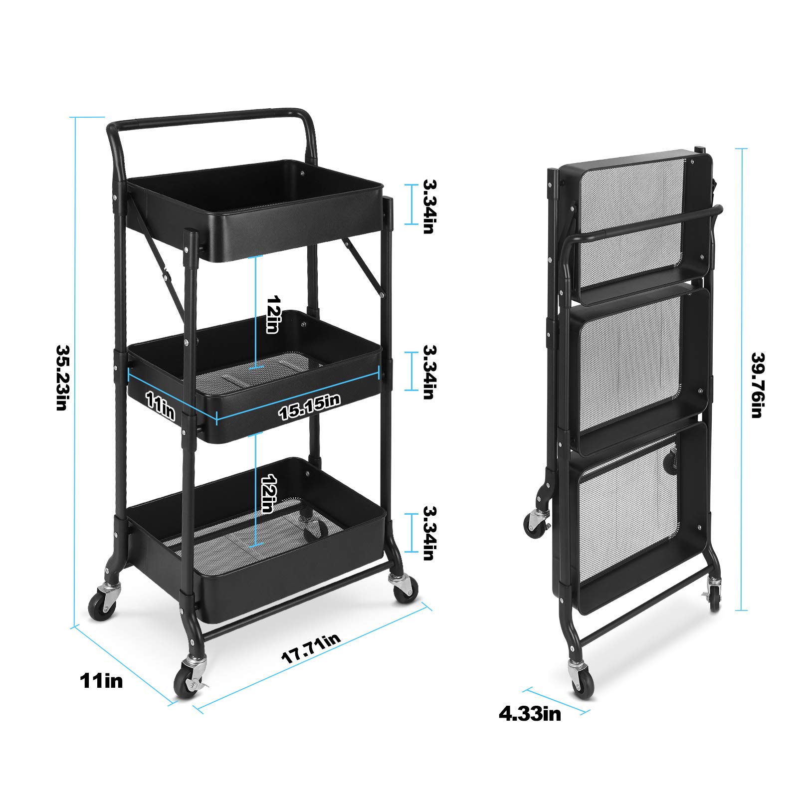 johgee Foldable 3 Tier Metal Utility Rolling Cart, Folding Mobile Multi-Function Storage Trolley Organizer Cart for Home Library Office(Black)