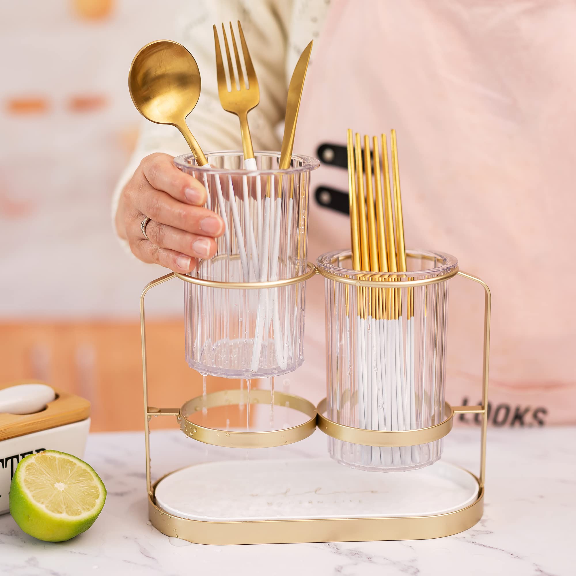 Kitchen Utensil Holder for Countertop 2 Clear White Cups with Gold Iron Frame Cooking Utensil Crock Chic Modern Cutlery Caddy Practical Utensil Pot for Counter for Fork Spoon Knife Flatware Silverware